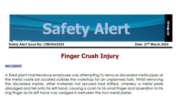Safety Alert – Finger Crush Injury - MRA - Mineral Resources Authority ...