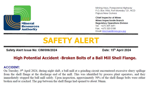 Safety Alert – Broken Bolts of a Ball Mill Shell Flange - MRA - Mineral ...