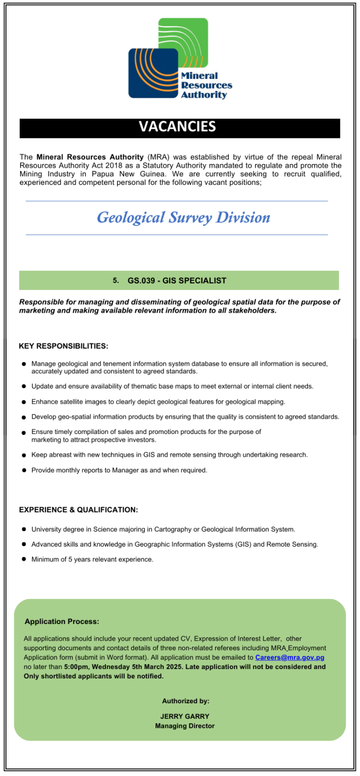 GS.039 – GIS Specialist - MRA - Mineral Resources Authority of PNG