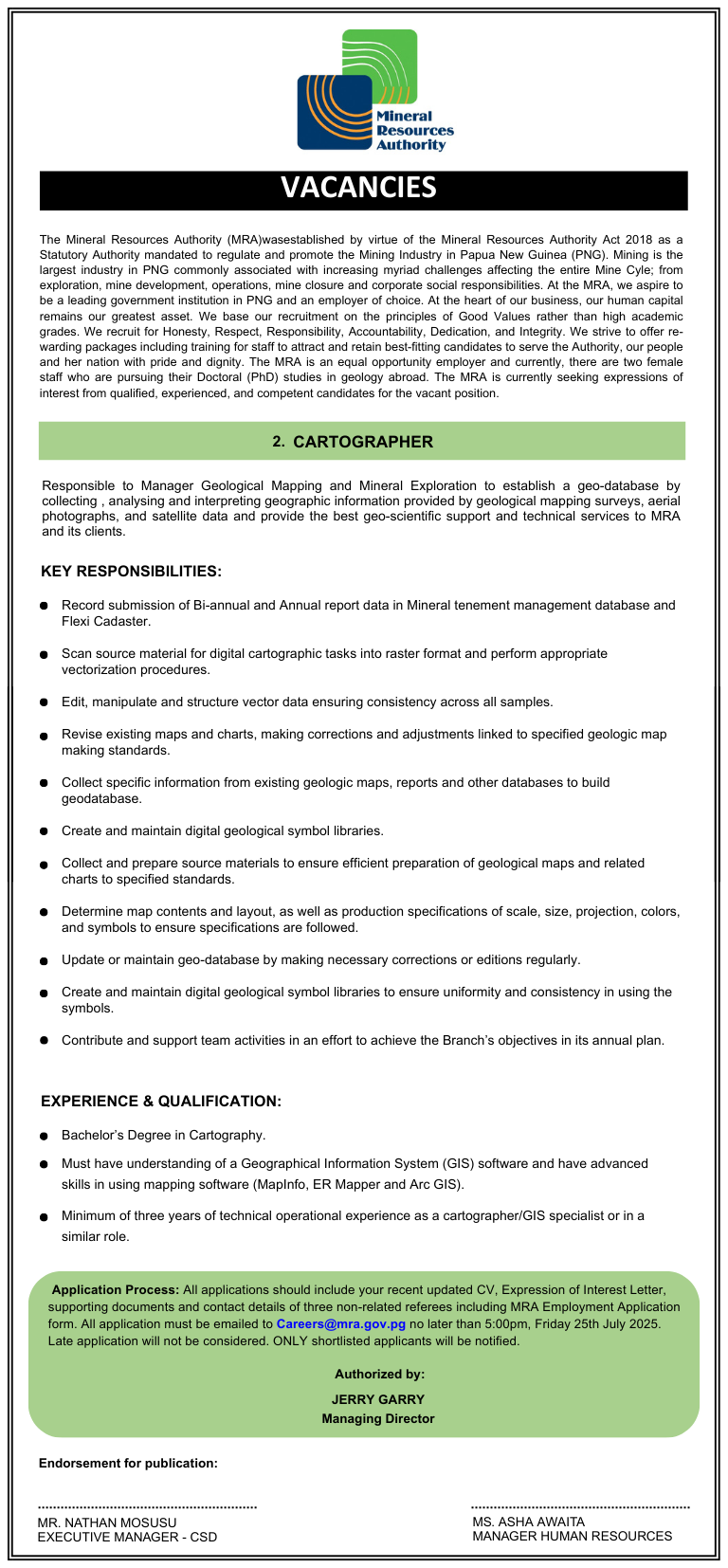 CARTOGRAPHER - MRA - Mineral Resources Authority of PNG